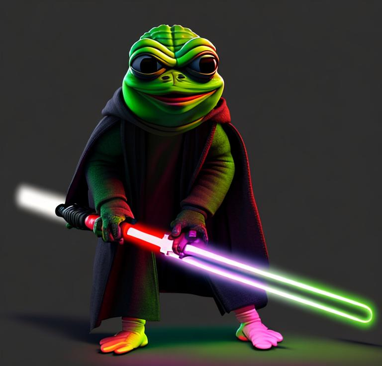 Pepe with a multicolored light saber.