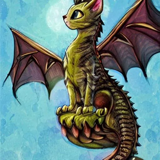 A cute cat riding a dragon through the sky's, digita... | OpenArt