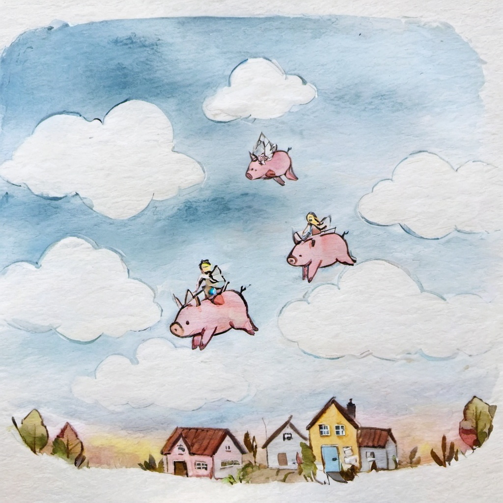 Men and women flying atop pigs with wings in a fluff...
