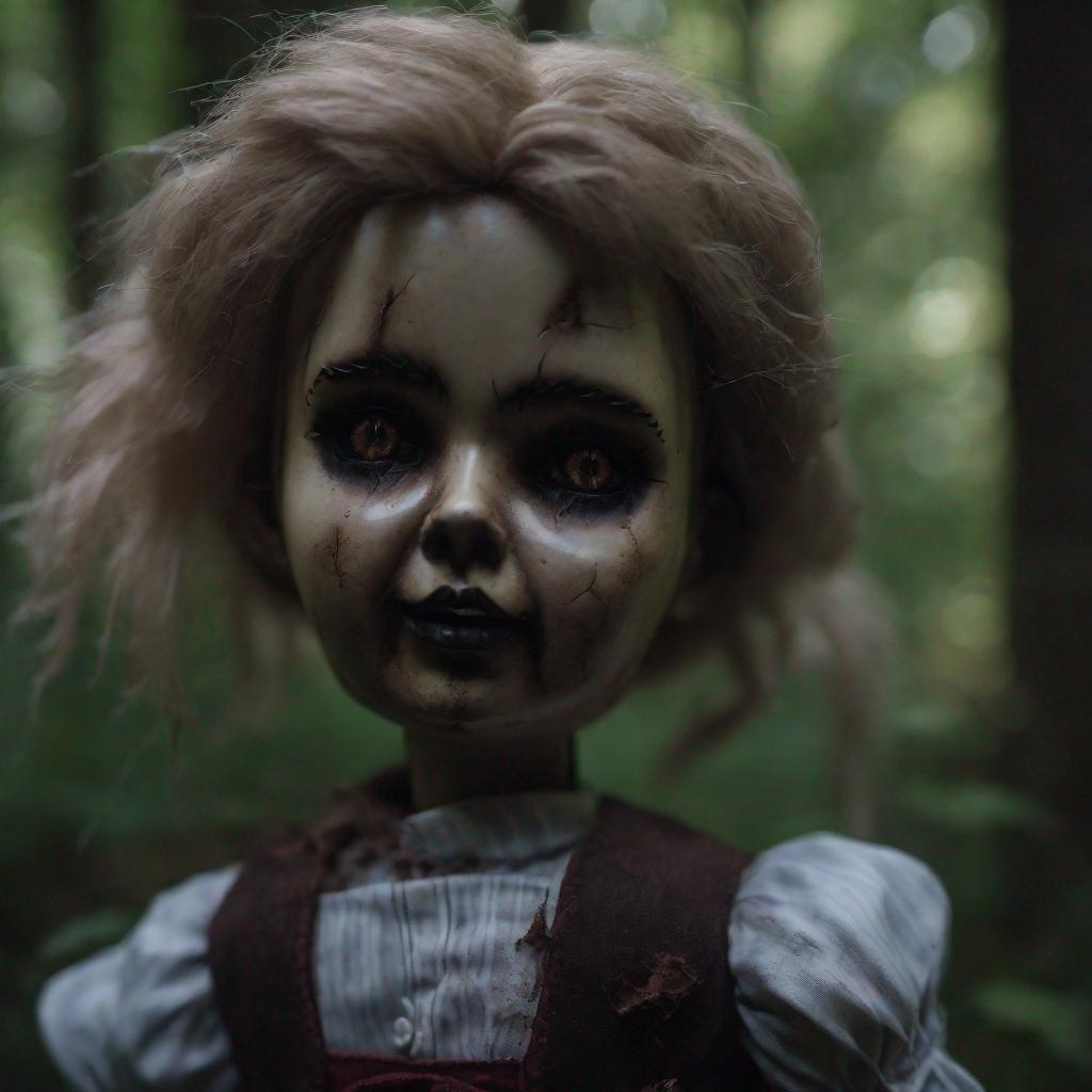 Scary, decrepit, dark porcelain doll sinister woods... | OpenArt