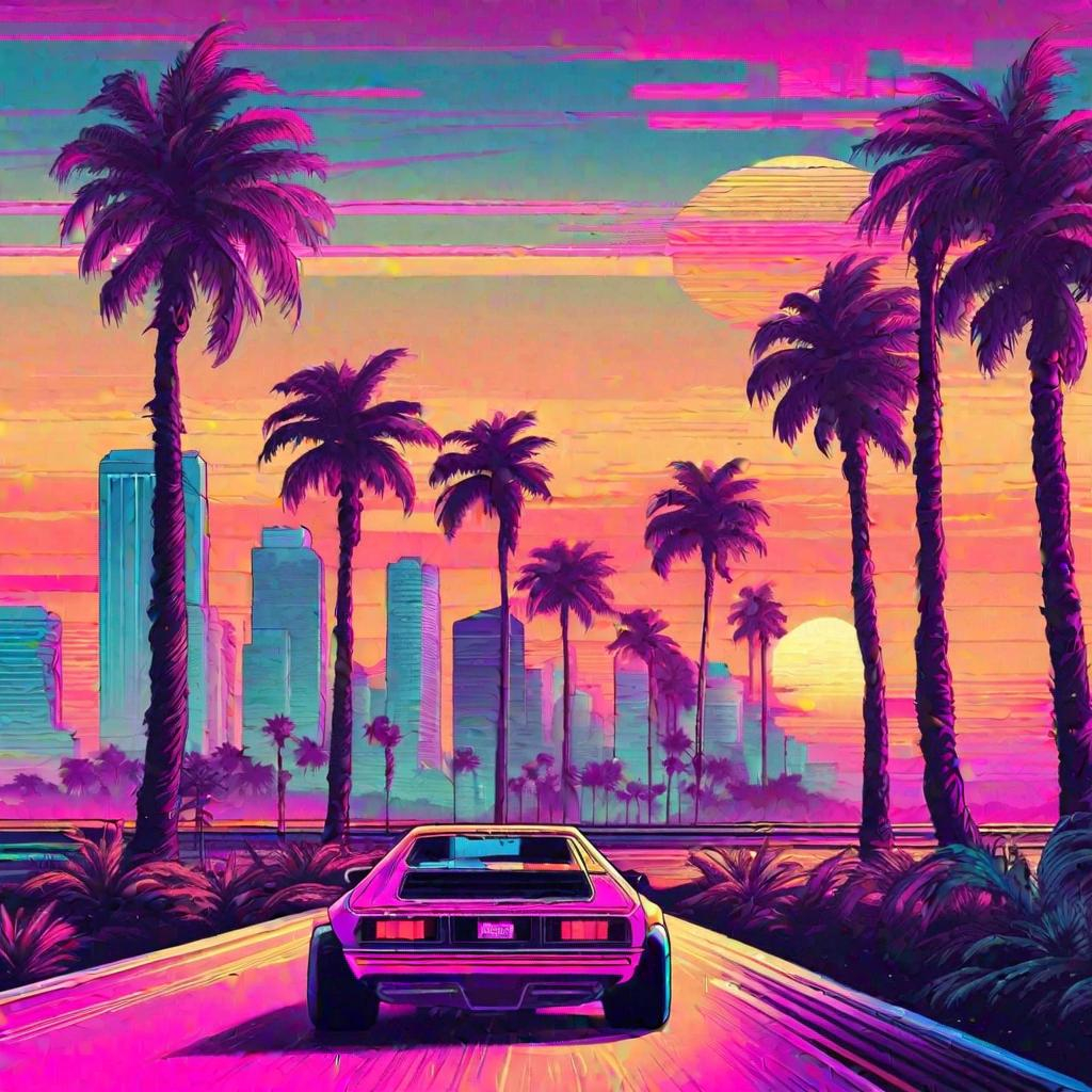 retro 80s art, ((2 men on hoverboards)) down a highw...