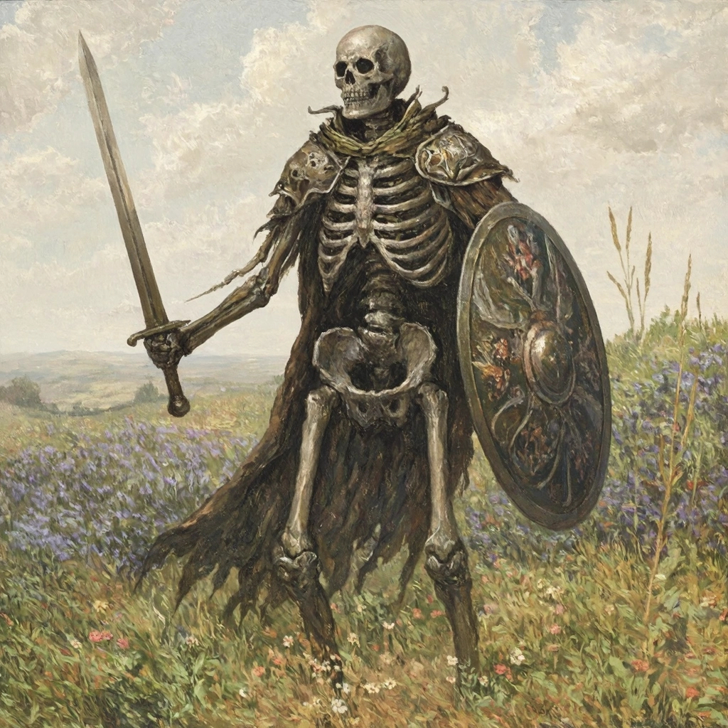 belle epoque fantasy skeleton, holding a sword and s...