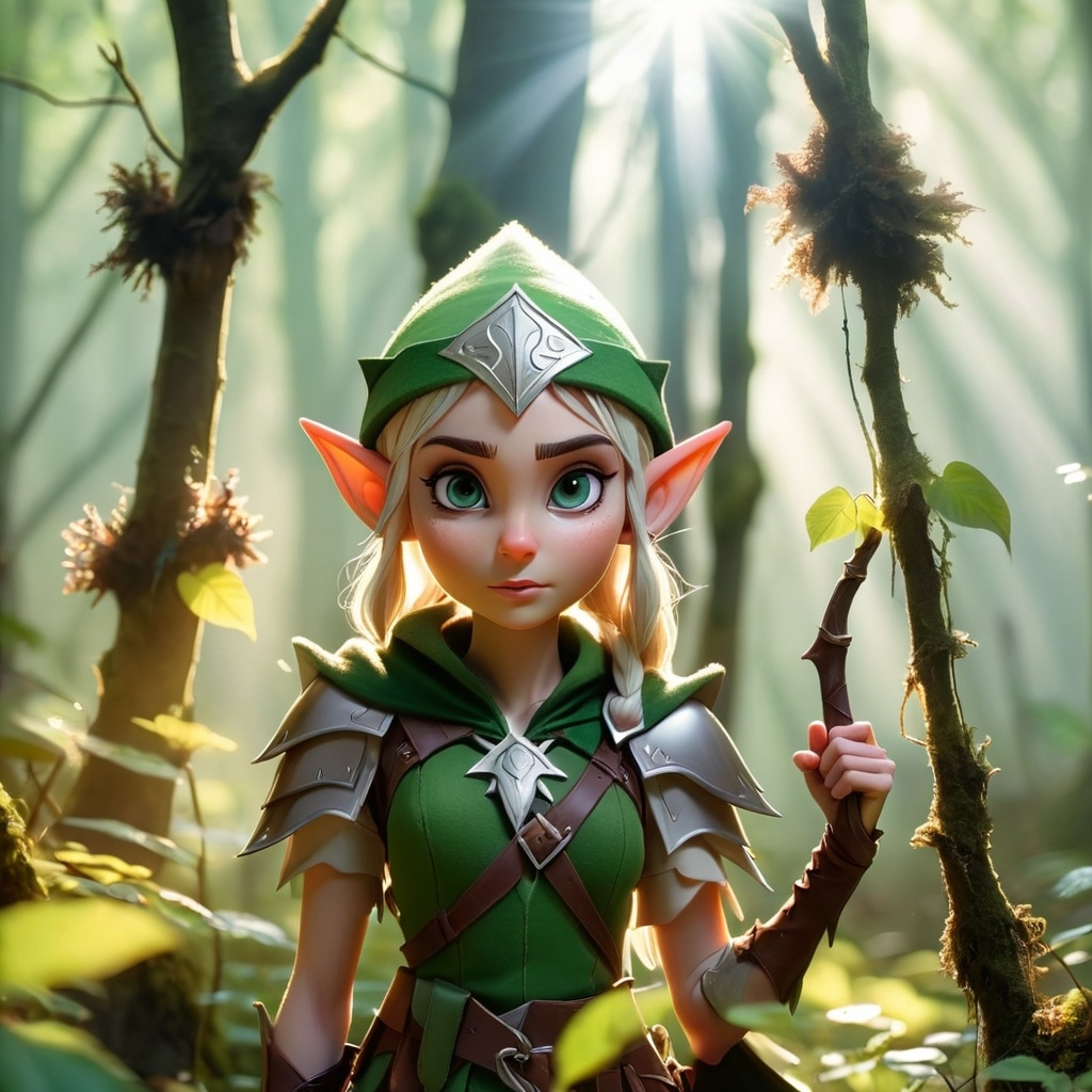 Elf ranger in a mystical forest around sunlight