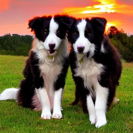 pretty collie puppies with a sunset | OpenArt