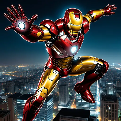 Iron Man flying over a cityscape at night.
