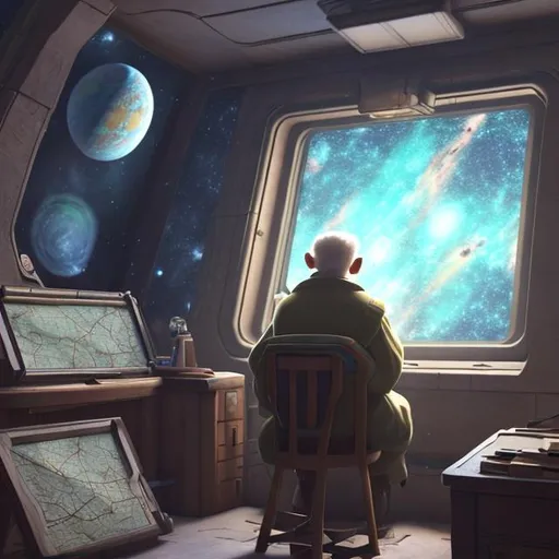 a very old man holding a map sitting on a chair watc...