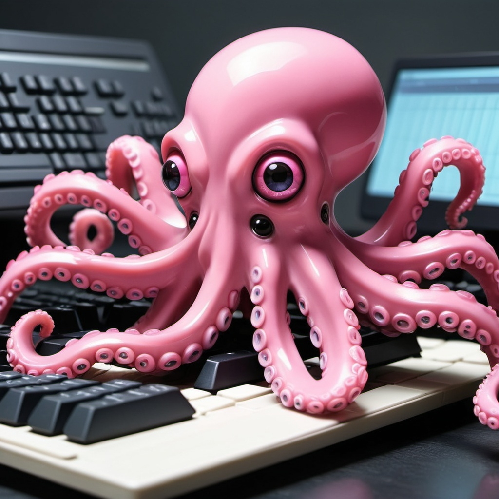 Girly Pink anime octopus managing many keyboards wit...