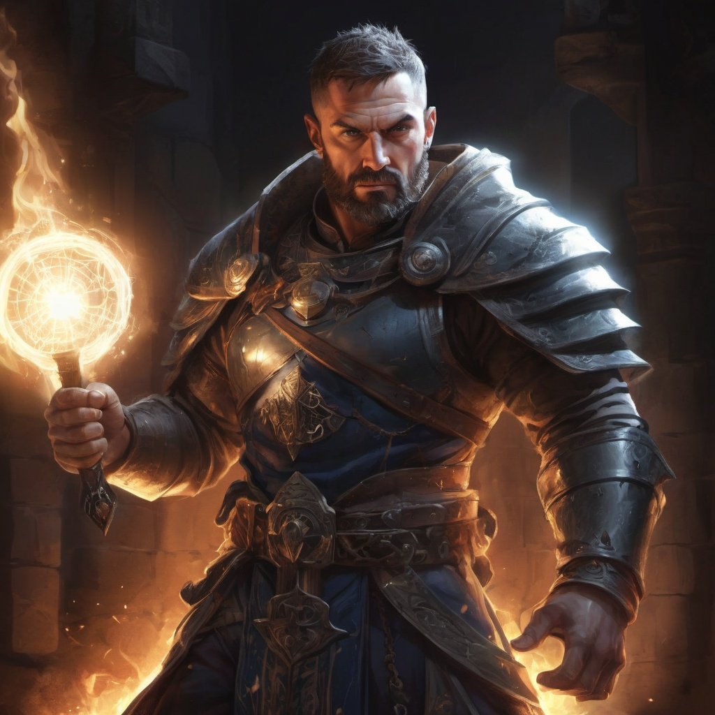 Male stocky large mature muscular cleric with short-...