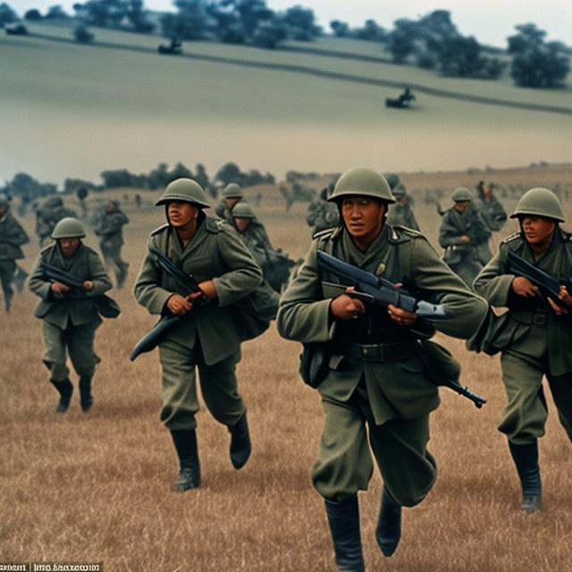 Thousand soldier running with rifle and in field and...