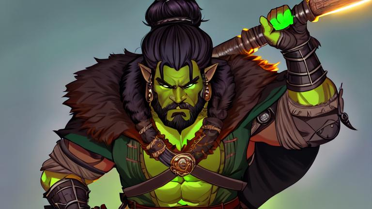 half-orc male with dark green skin, dual wielding ax...