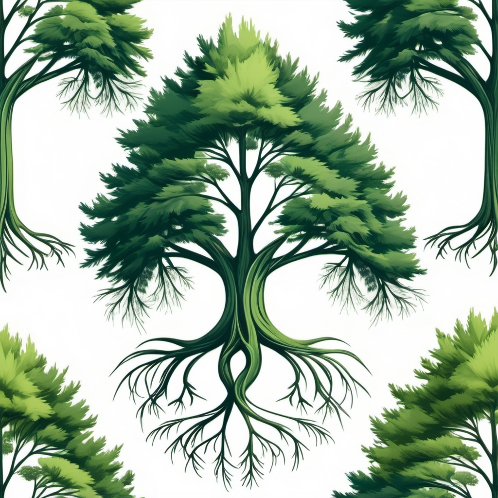 stylized cedar tree shades of green with roots
