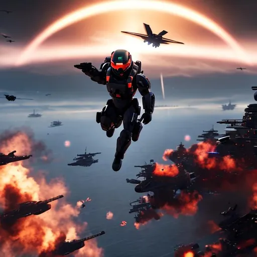 Black and red halo odst jumping from halo pelican gu...