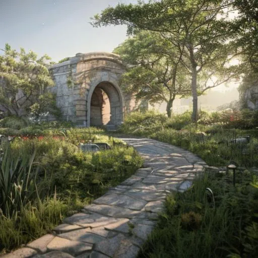 A circular pathway surrounded by lush greenery, with... | OpenArt