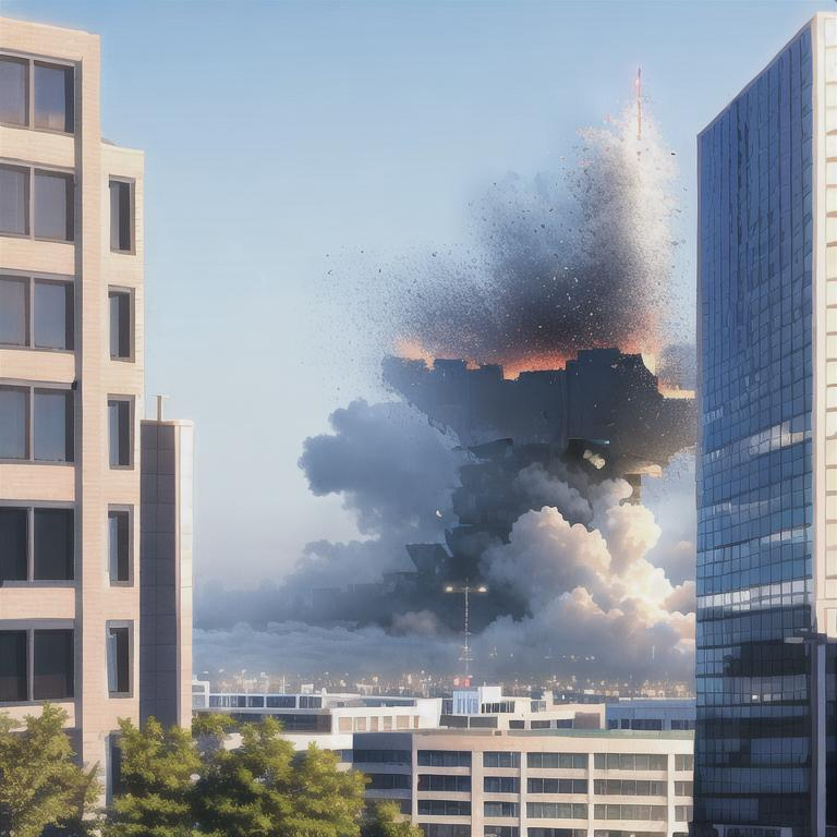 giant robot destroying a building in the distance | OpenArt