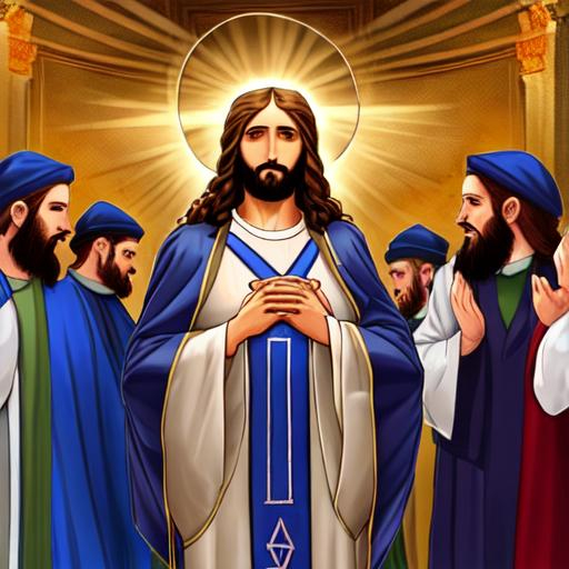 Jesus in Judaism cloth with a halo blesses businessm... | OpenArt