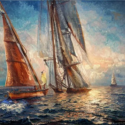 open seas with a sloop sailing in the horizon, sundown | OpenArt