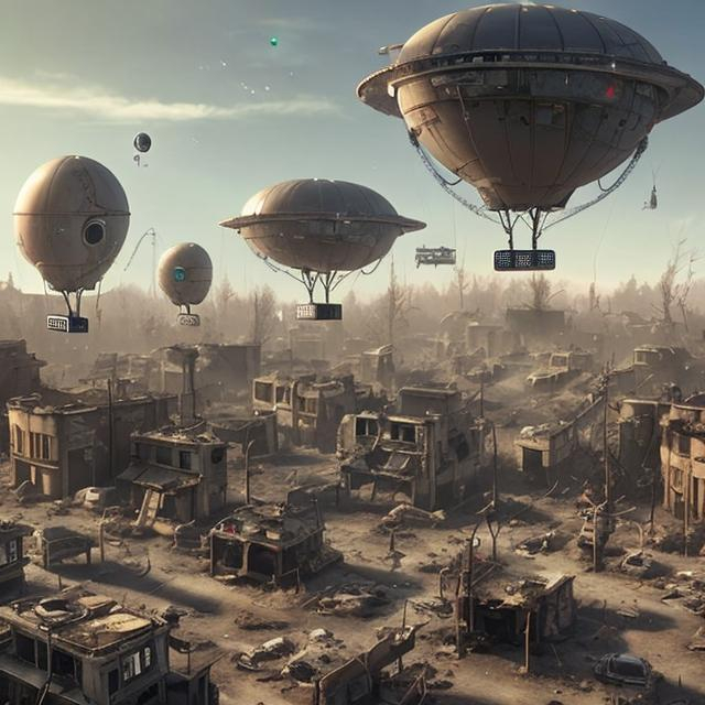 Post apocalyptic town with futuristic tech on a surr...