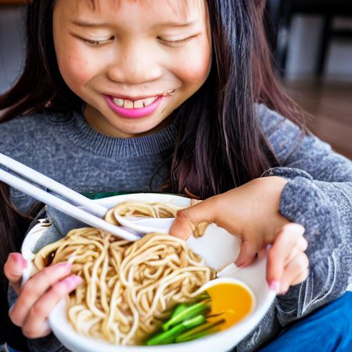 Asian girl eating noodles | OpenArt