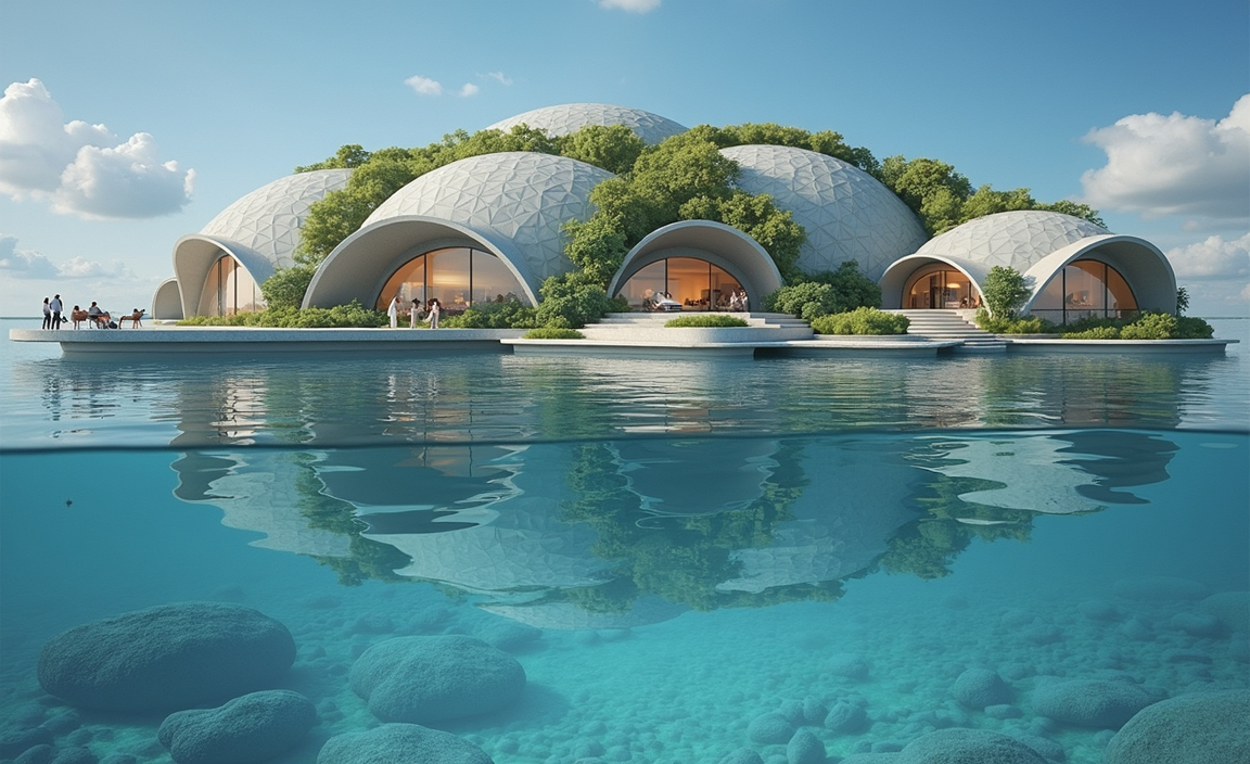 floating dome city, futuristic green geometric dome...