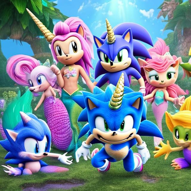A unicorn and a mermaid and a fairy and all of Sonic...