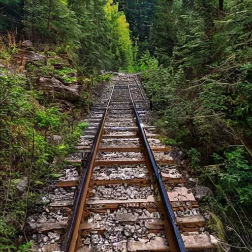 abandoned railroad tracks leading up to a mine entra... | OpenArt