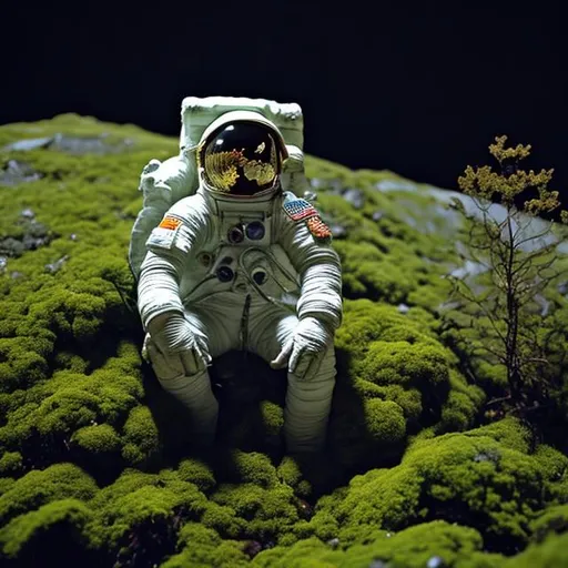 An astronaut covered in moss in a lunar sky