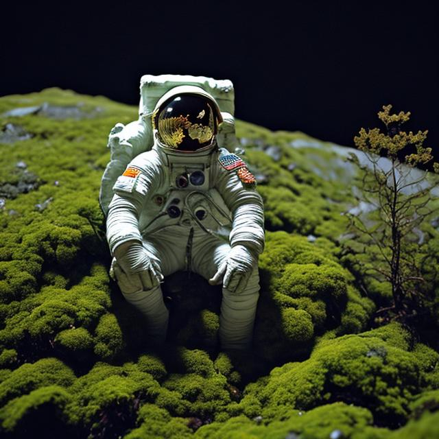 An astronaut covered in moss in a lunar sky