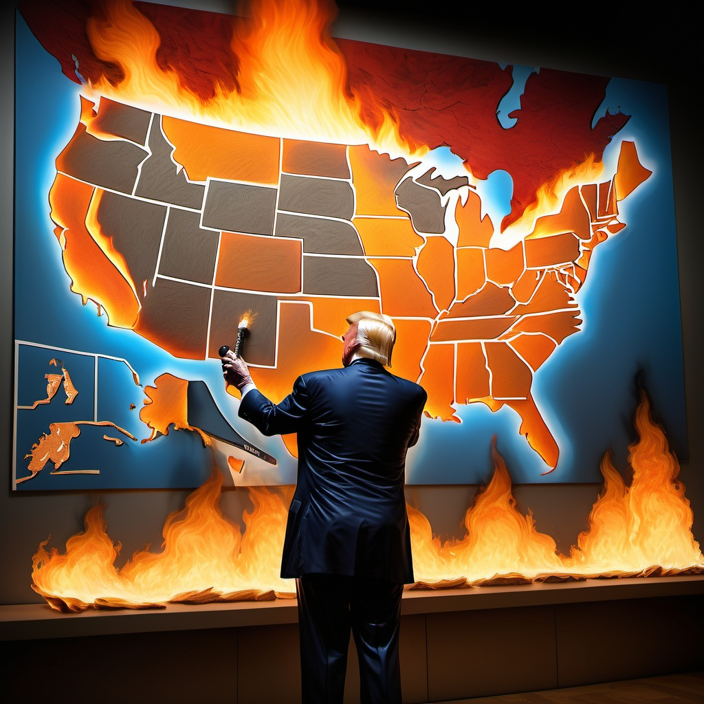 Donald Trump setting a large wall map of the United...