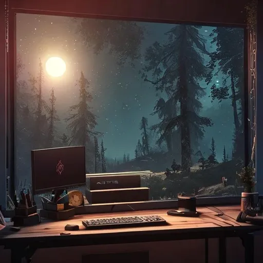 Desk setup for a PC gaming streamer during gothic er...