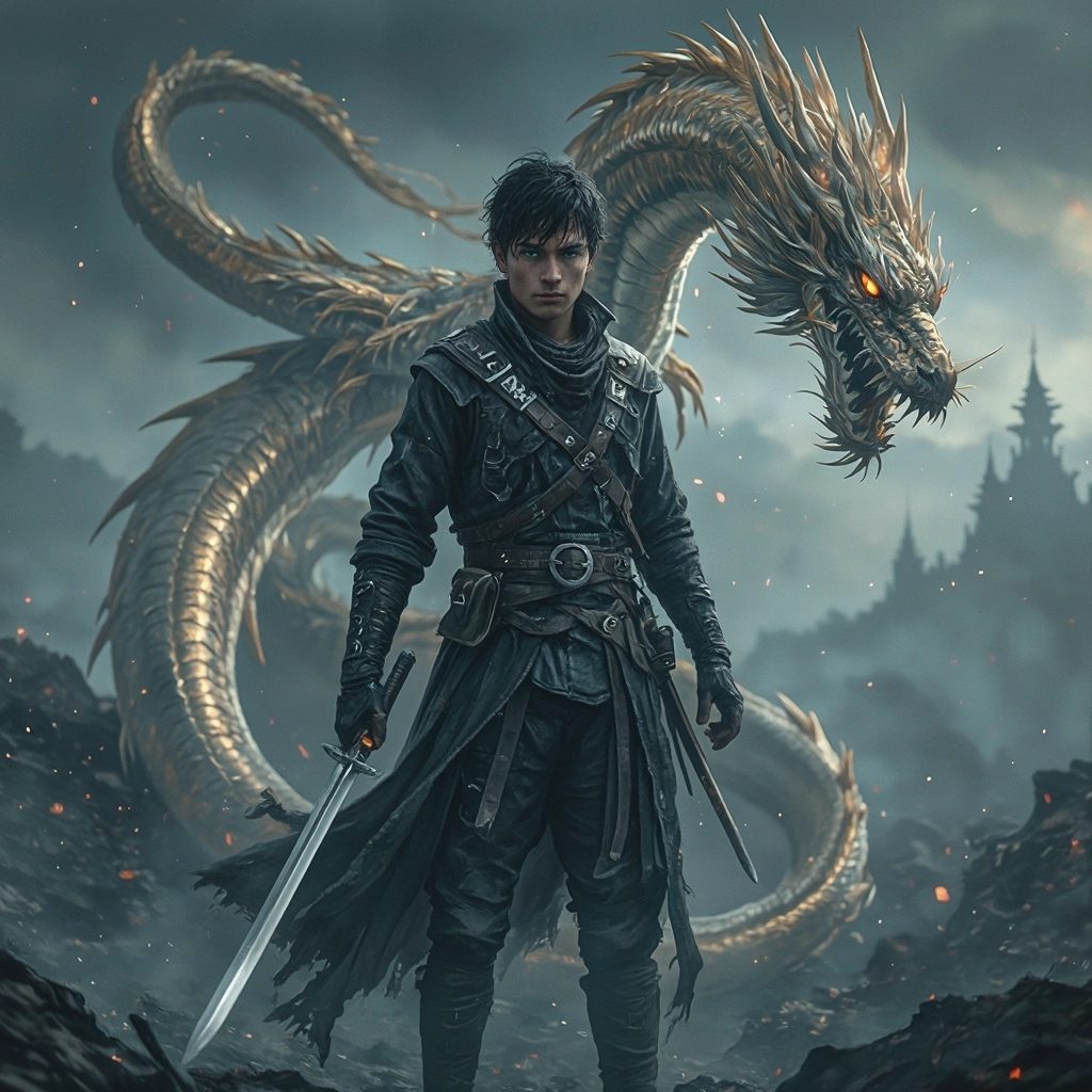 A highly realistic dark fantasy poster of a young, s...
