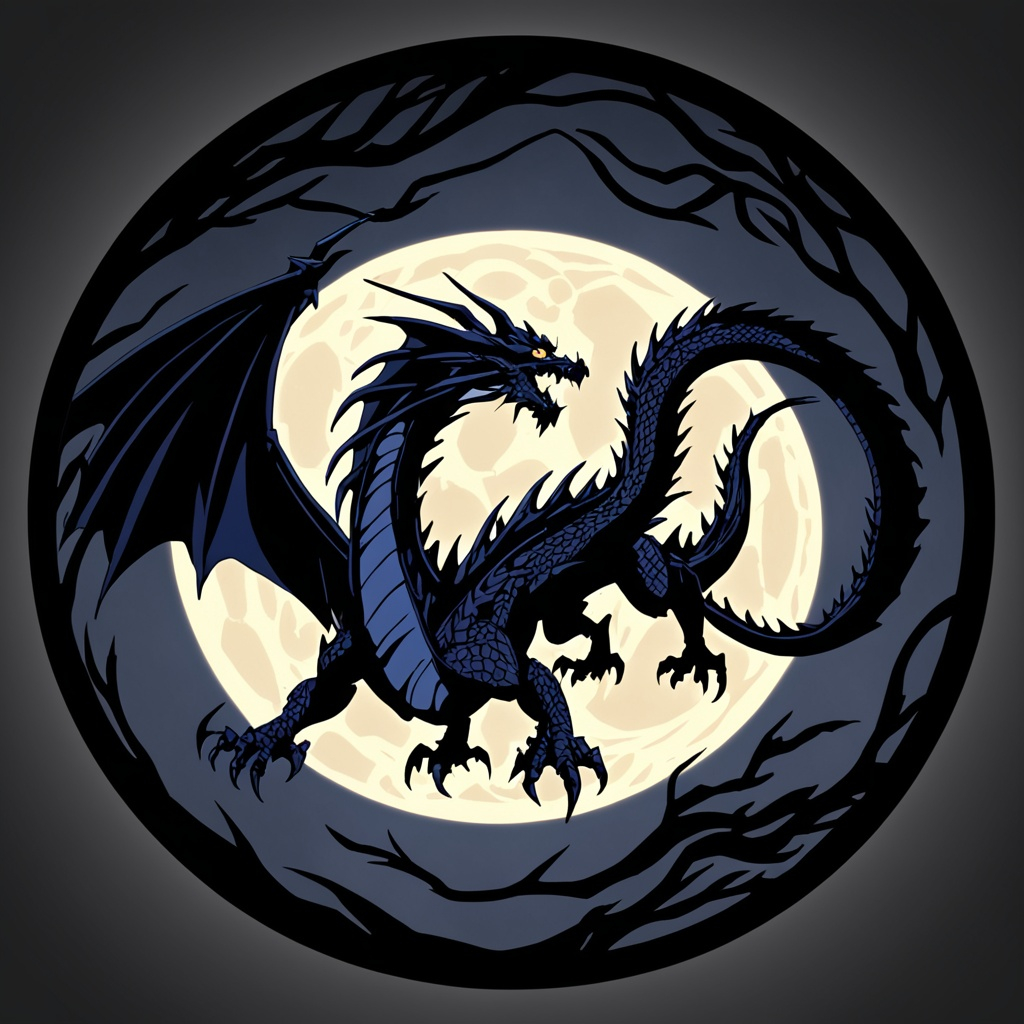 anime, shadow dragon, dark, moonlit, in a circular s...