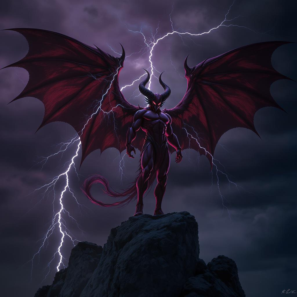 Envision a striking image of Lucifer, standing confi...