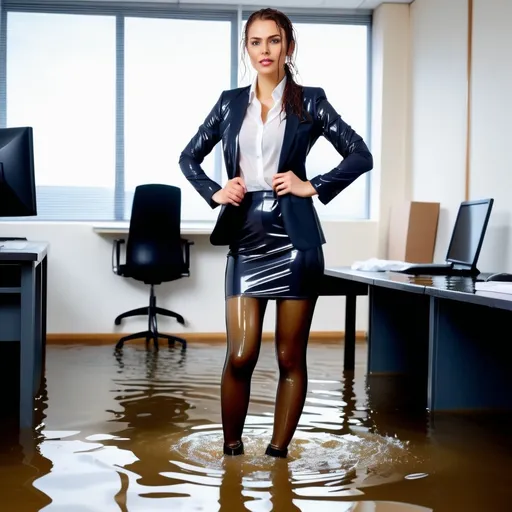 photo of young woman, soaking wet clothes, high heel...