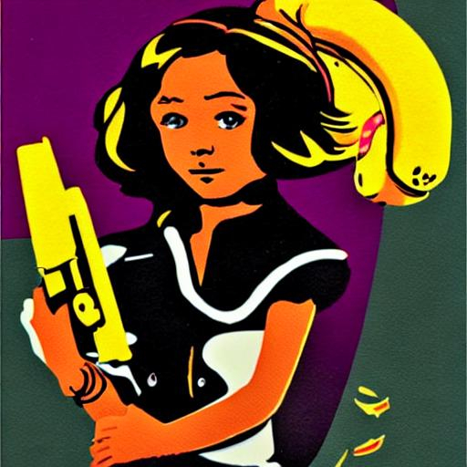 Atari Graphics, girl with suit, gun, monkey with banana | OpenArt
