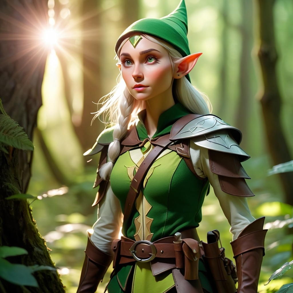 Elf ranger in a mystical forest around sunlight