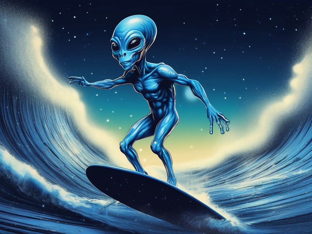blue alien surfing on a moon