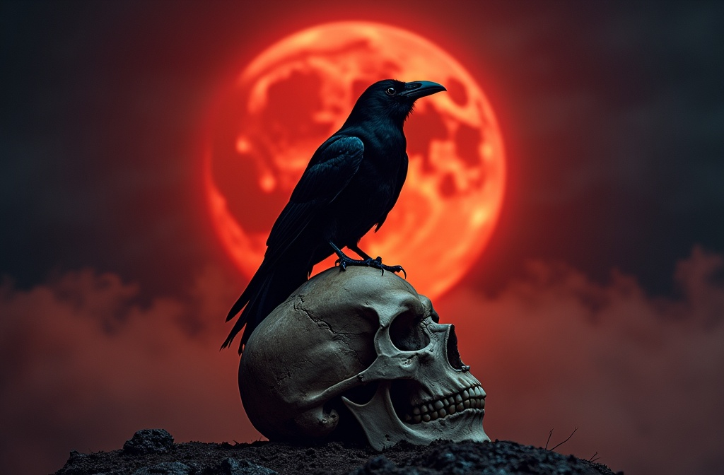 A raven sitting atop a human skull lit by a blood moon