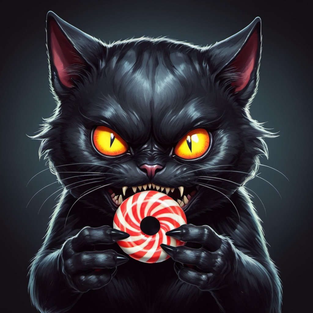 Evil Black Cat Monster With Claws eating candy