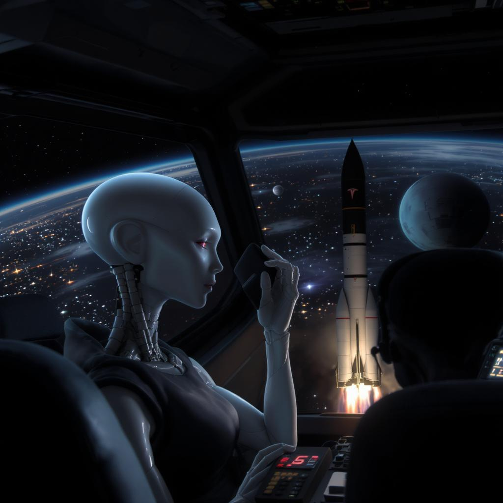 ET with a Tesla phone calling space X rocket ship