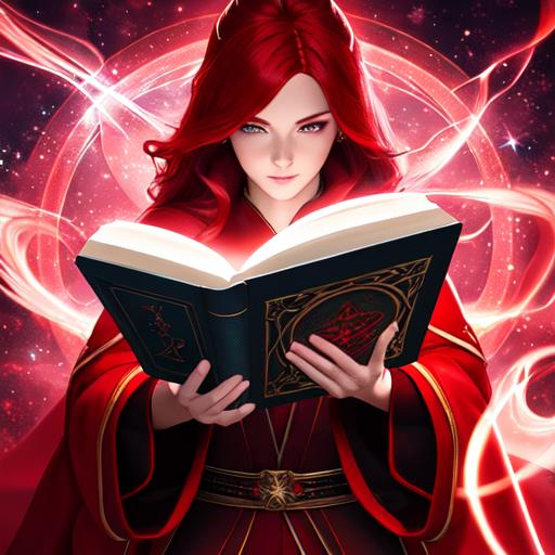 red haired magic caster, holding glowing magic book,... | OpenArt