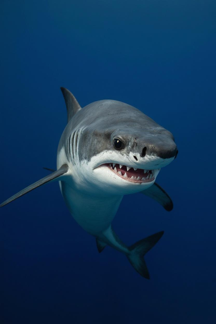 A powerful shark swimming in deep blue waters.