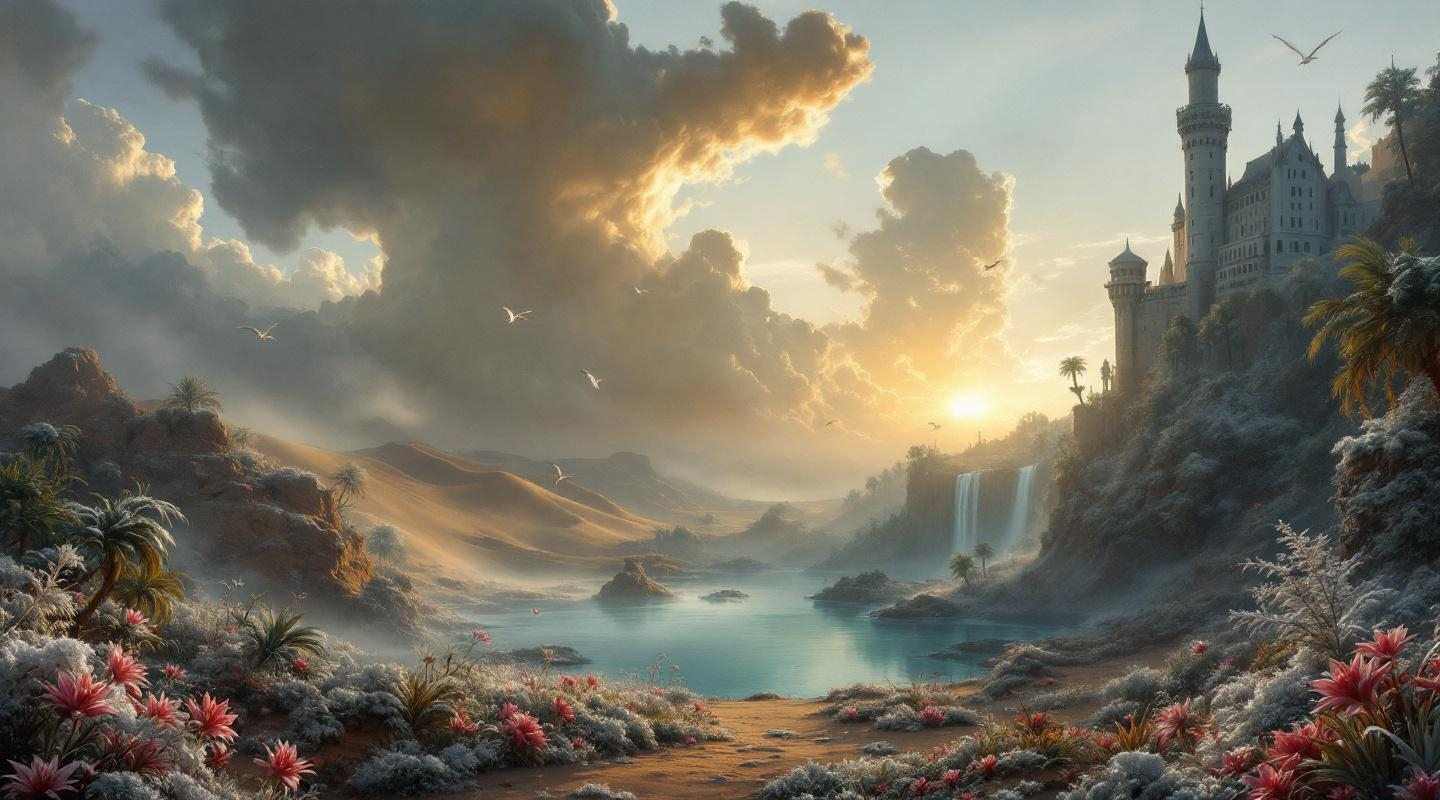 In the left half of the image an arid landscape with...