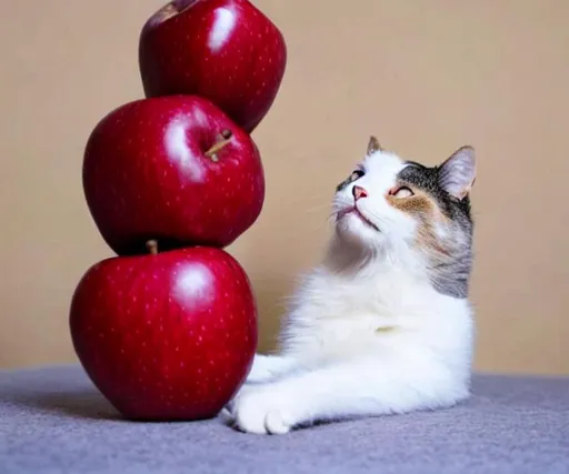 cat holding 3 apples that are stacked on top of each...