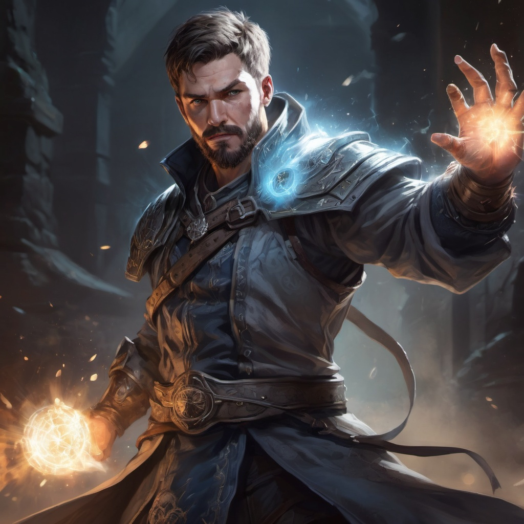 Male stocky large battle-mage with short-cut hair an...