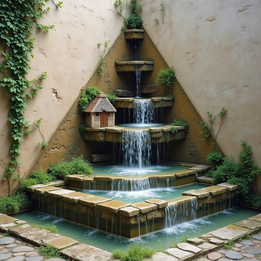 A triangular fountain in the corner of the wall, wit...
