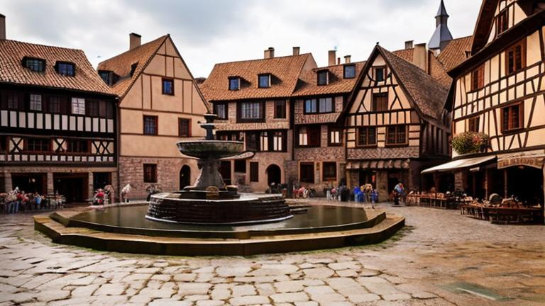 The fountain-filled plaza of a northern medieval Eur...