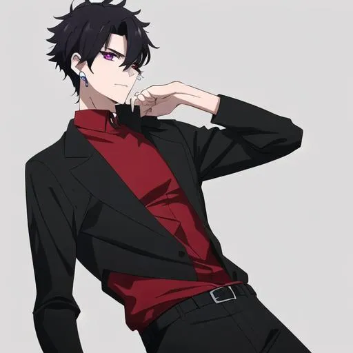 Damien (male, short black hair, red eyes) smiling sa... | OpenArt