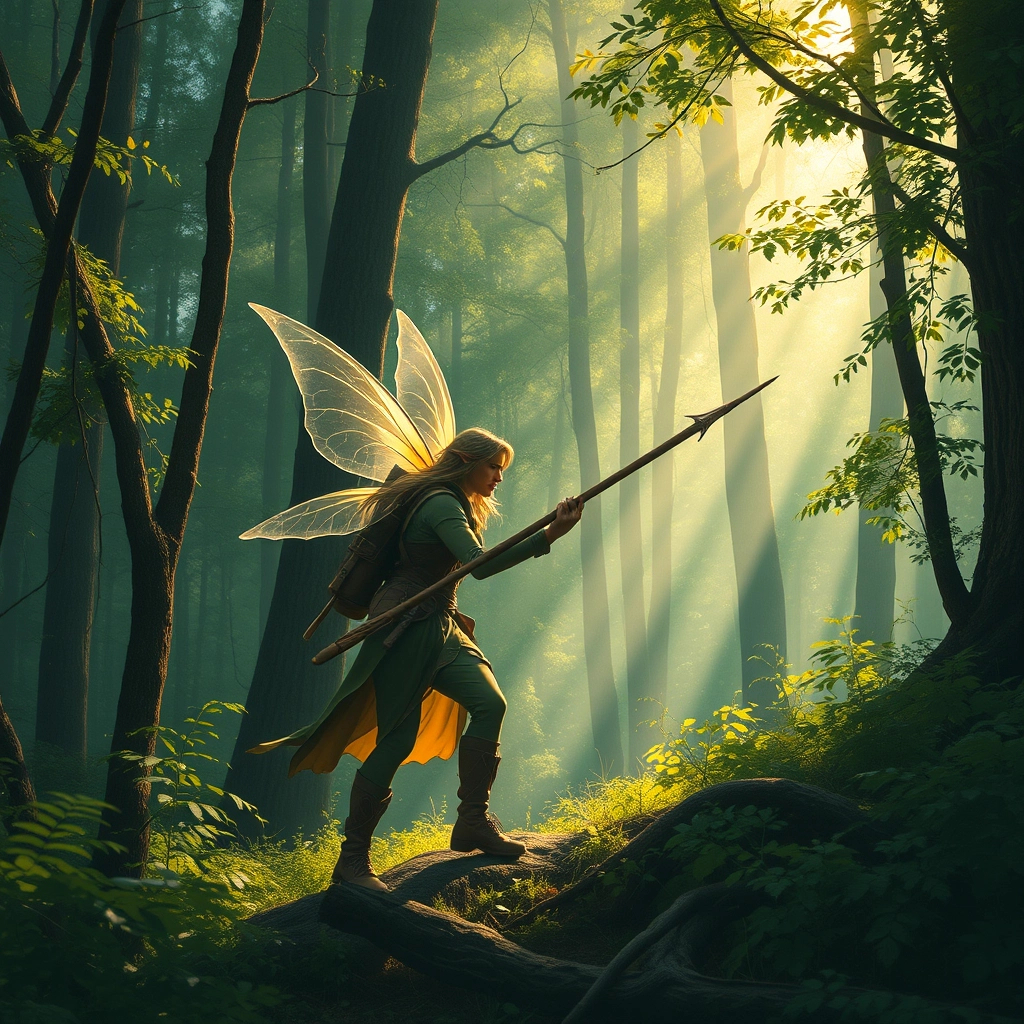 Elf ranger in a mystical forest around sunlight