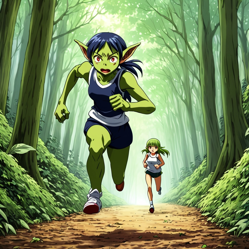 Anime girl goblin running out of the forest with a s...