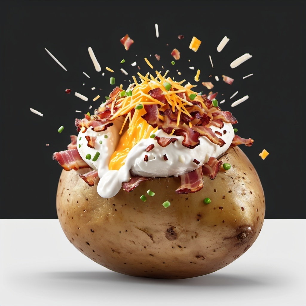 photorealistic baked potato that is exploding with t...